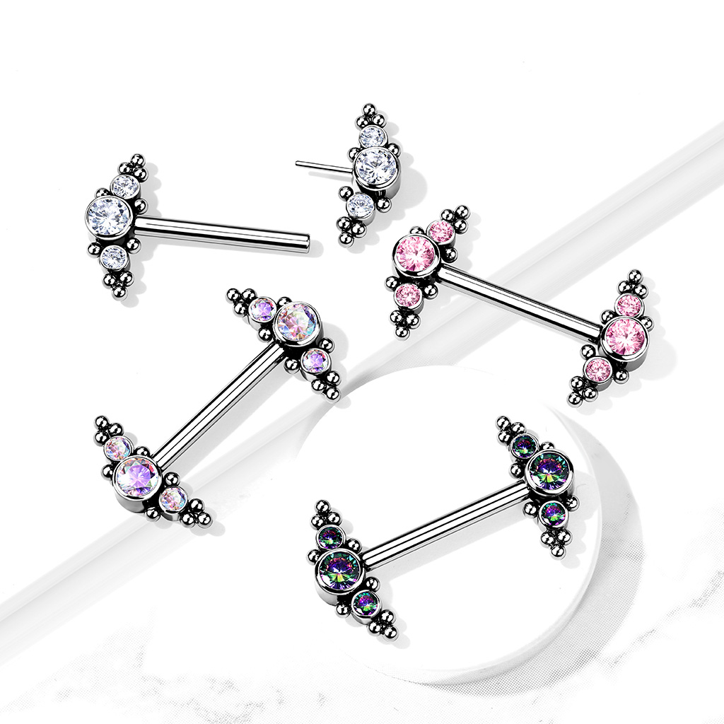 Exclusive nipple barbell with stone clusters and little balls