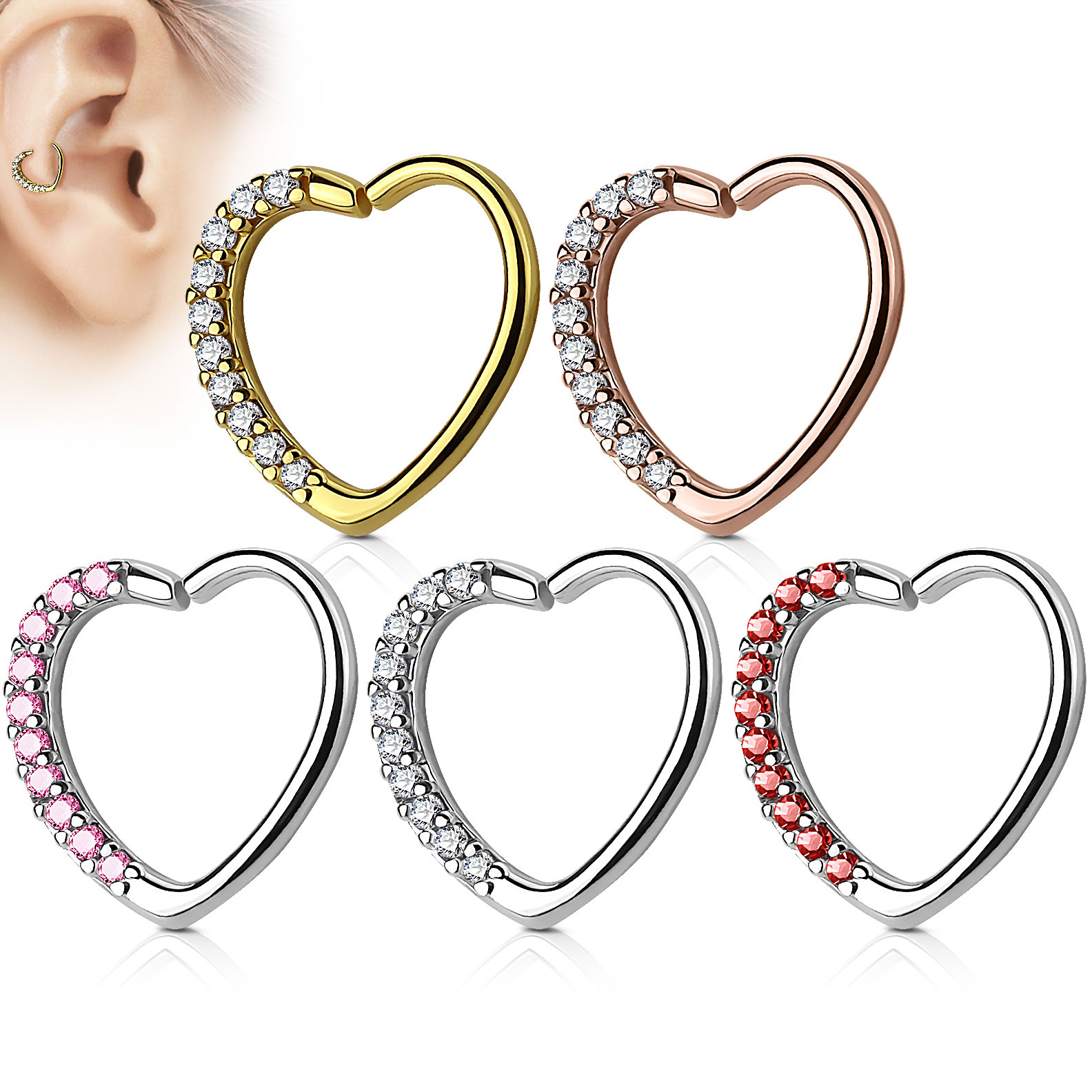 Pretty heart-shaped daith piercing with a studded edge