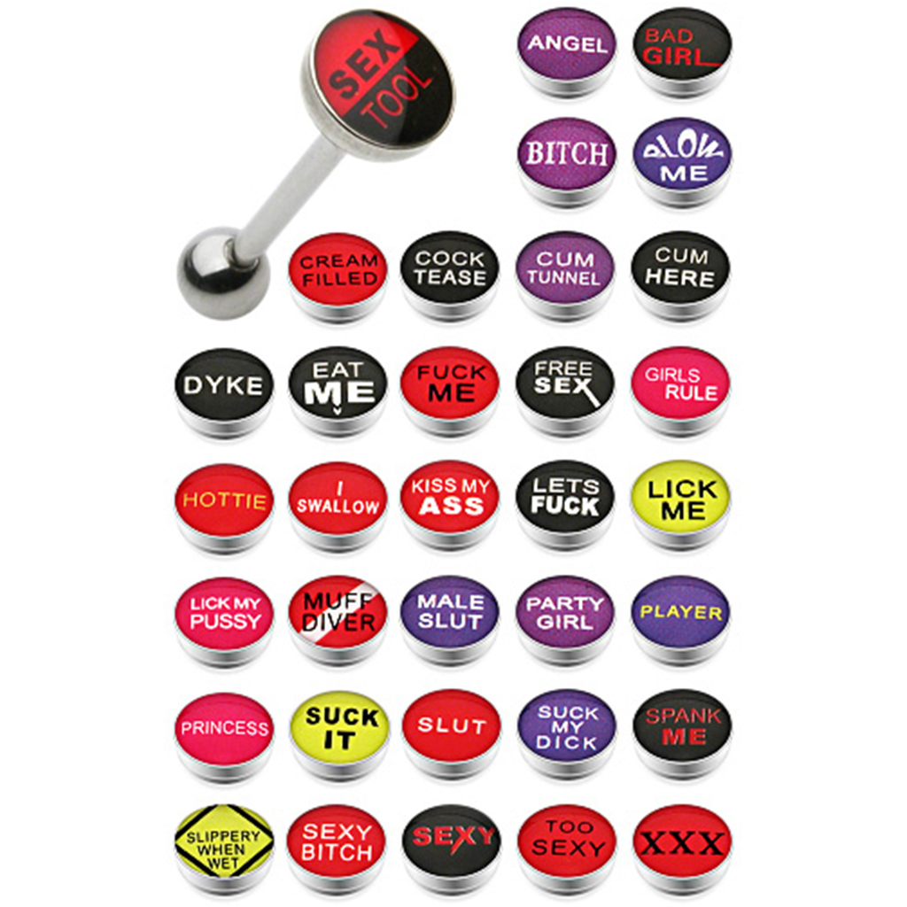 Naughty tongue barbell with different text designs