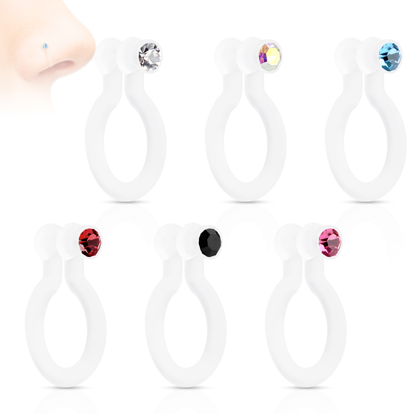 Fantastic fake nose piercing in clear plastic and a gem in different colors