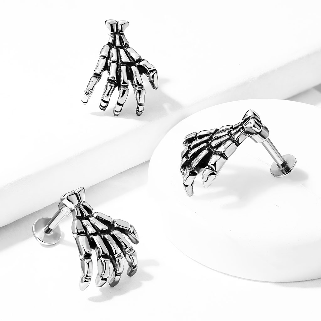 Skeleton hand on a labret - Use it in the ear or lip piercing